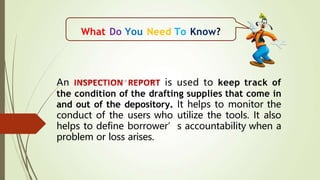 Prepare an inspection Report of the hand tools ,drawing instruments ...