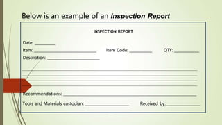 Prepare an inspection Report of the hand tools ,drawing instruments ...