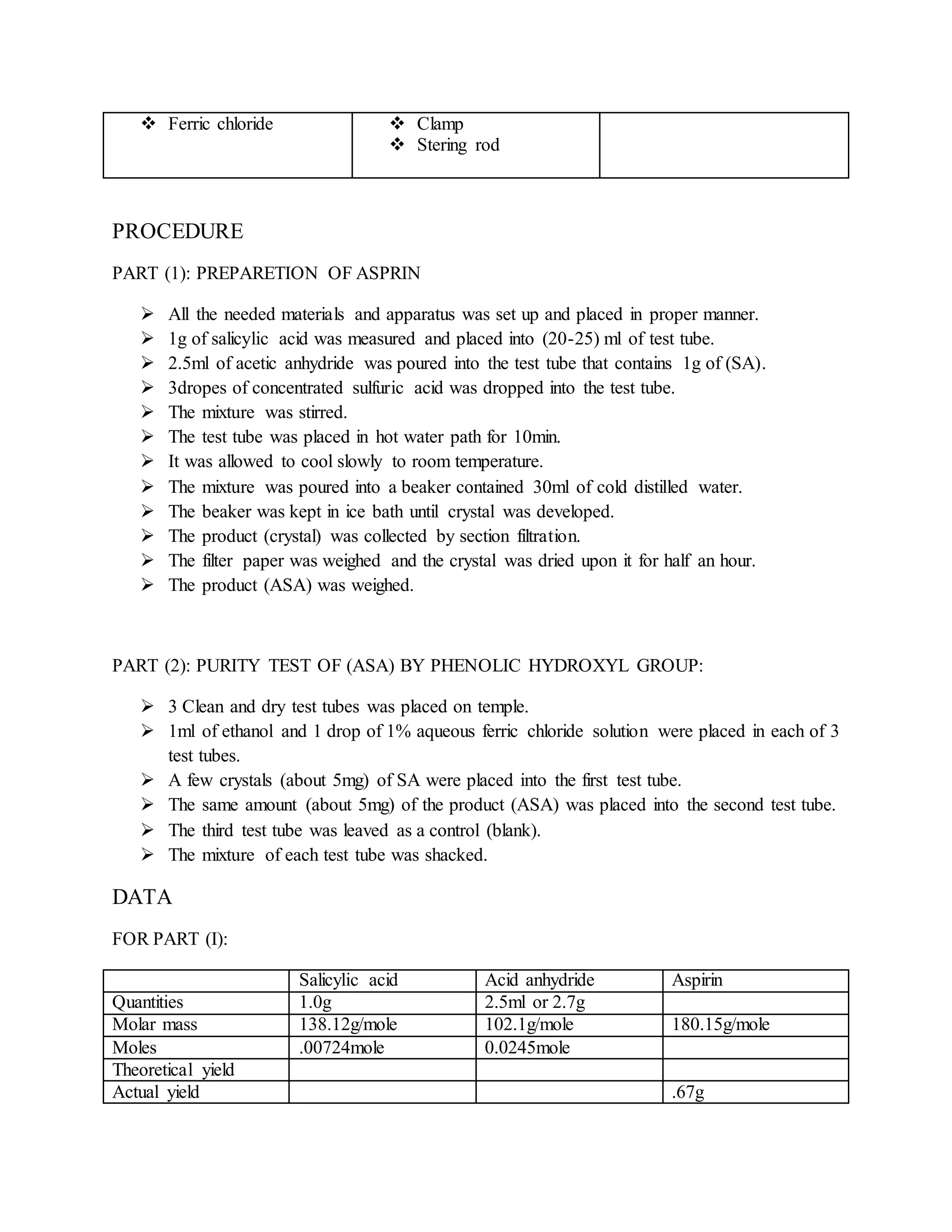 Preparetion of asprine | DOCX
