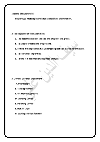 Preparing a metal specimen for microscopic examination | PDF