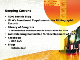 Let's Talk about RDA: Preparing for RDA - NLA/NEMA 2011 | PPT
