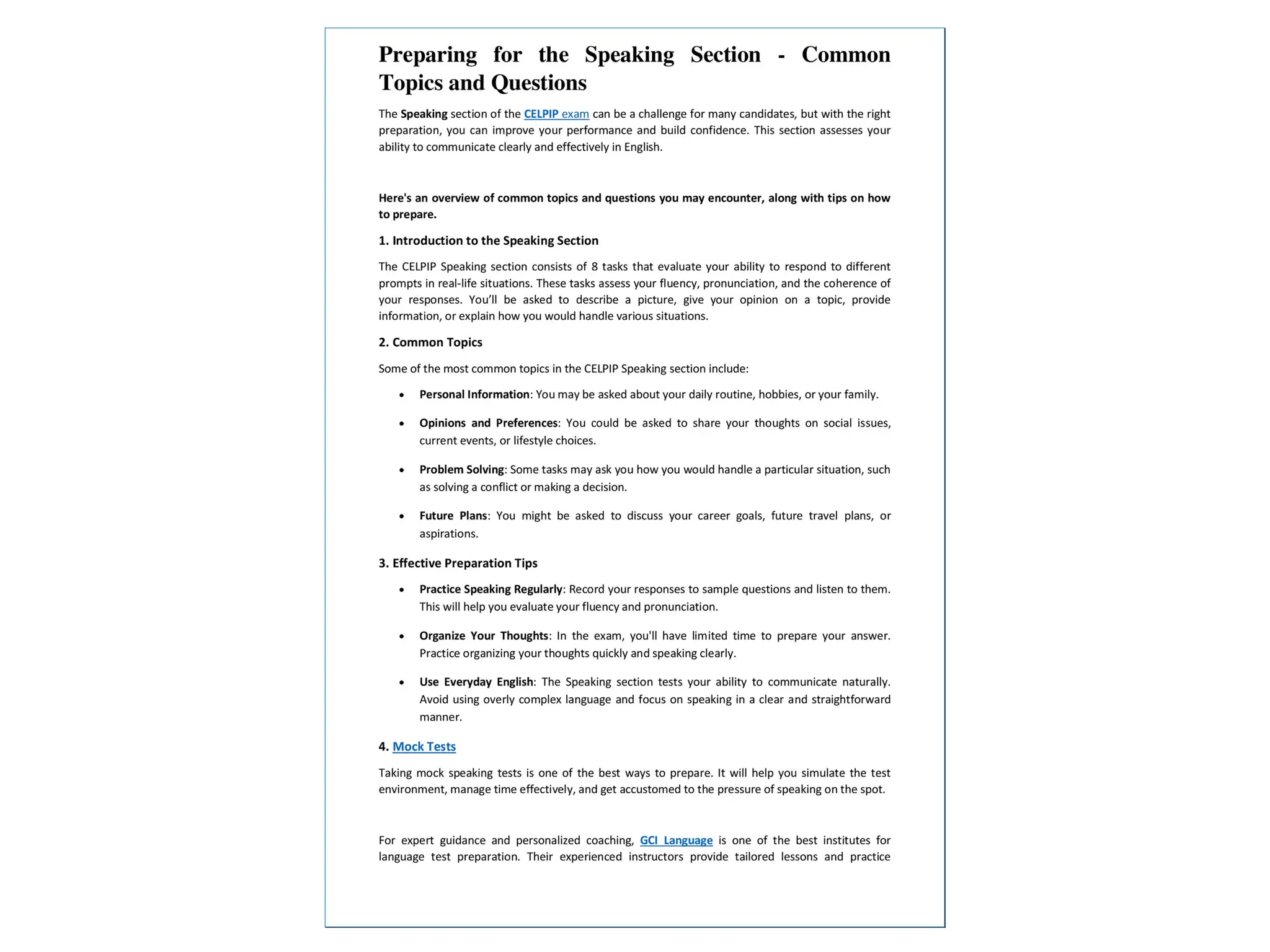 Preparing for the Speaking Section - Common Topics and Questions | PPT