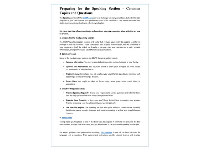 Preparing for the Speaking Section - Common Topics and Questions | PPT