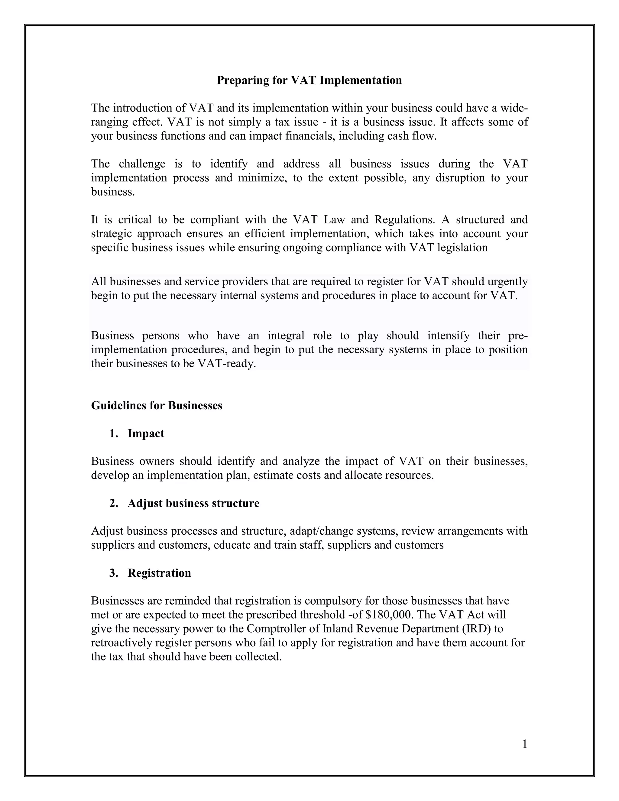 Preparing for vat implementation | PDF