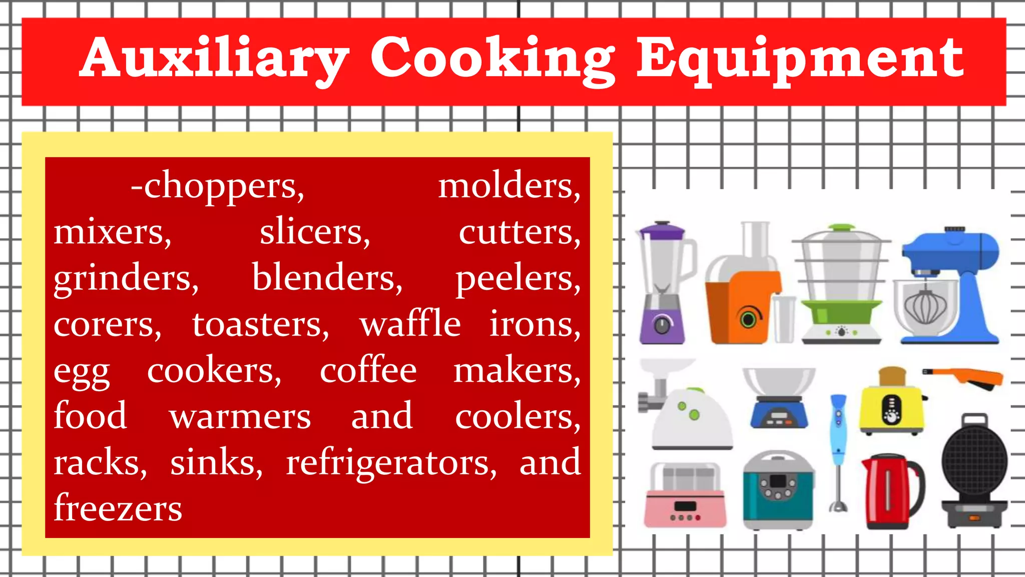 Preparing kitchen tools and equipment and the ingredients in food ...
