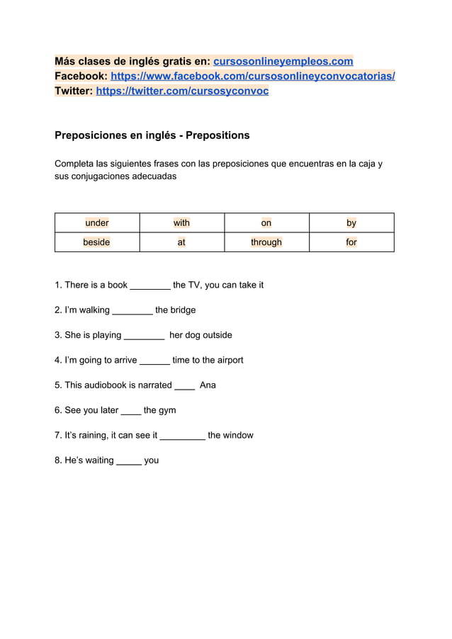 Preposiciones en ingles prepositions | PDF
