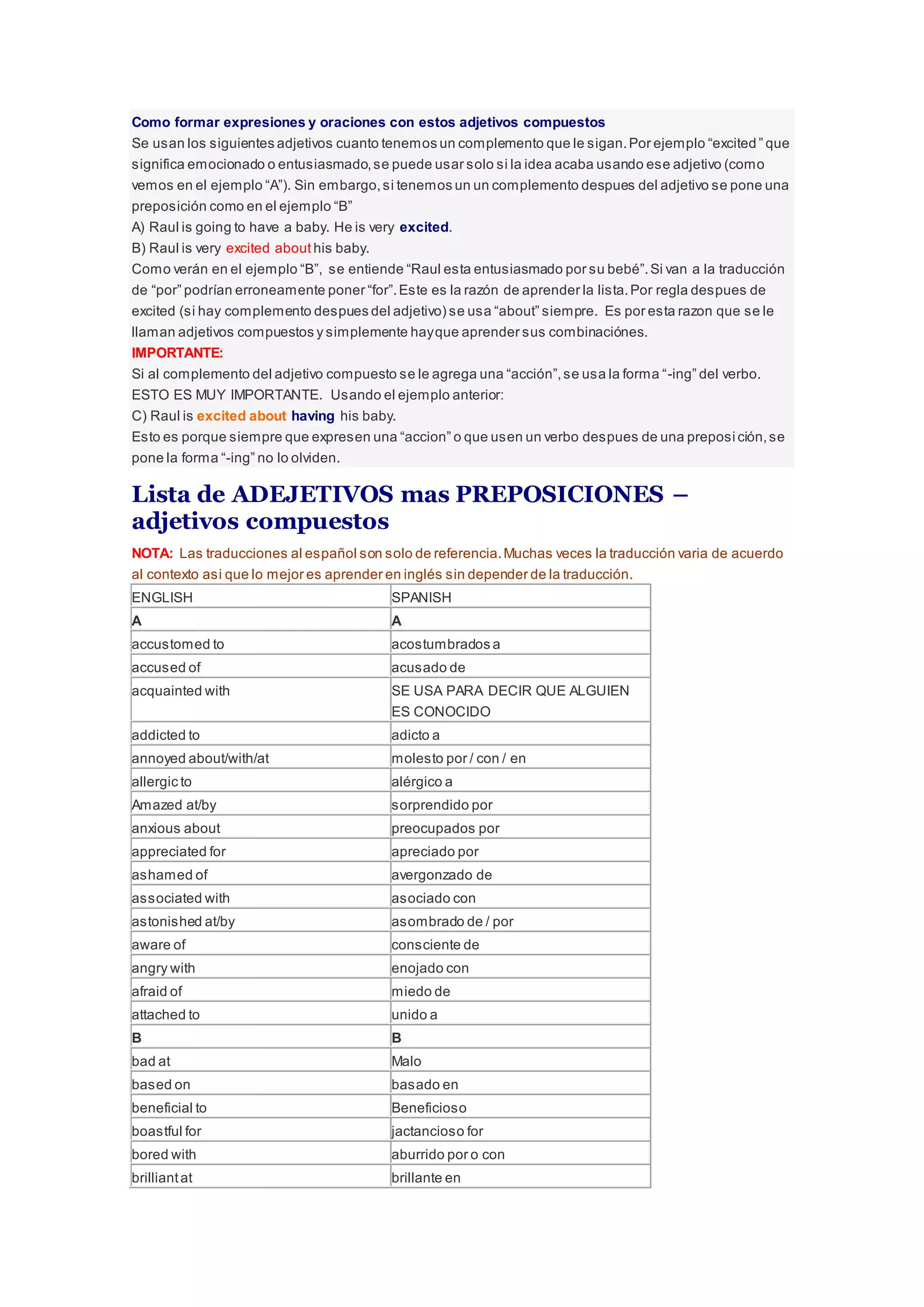 Preposiciones y adjetivos ingles | DOCX