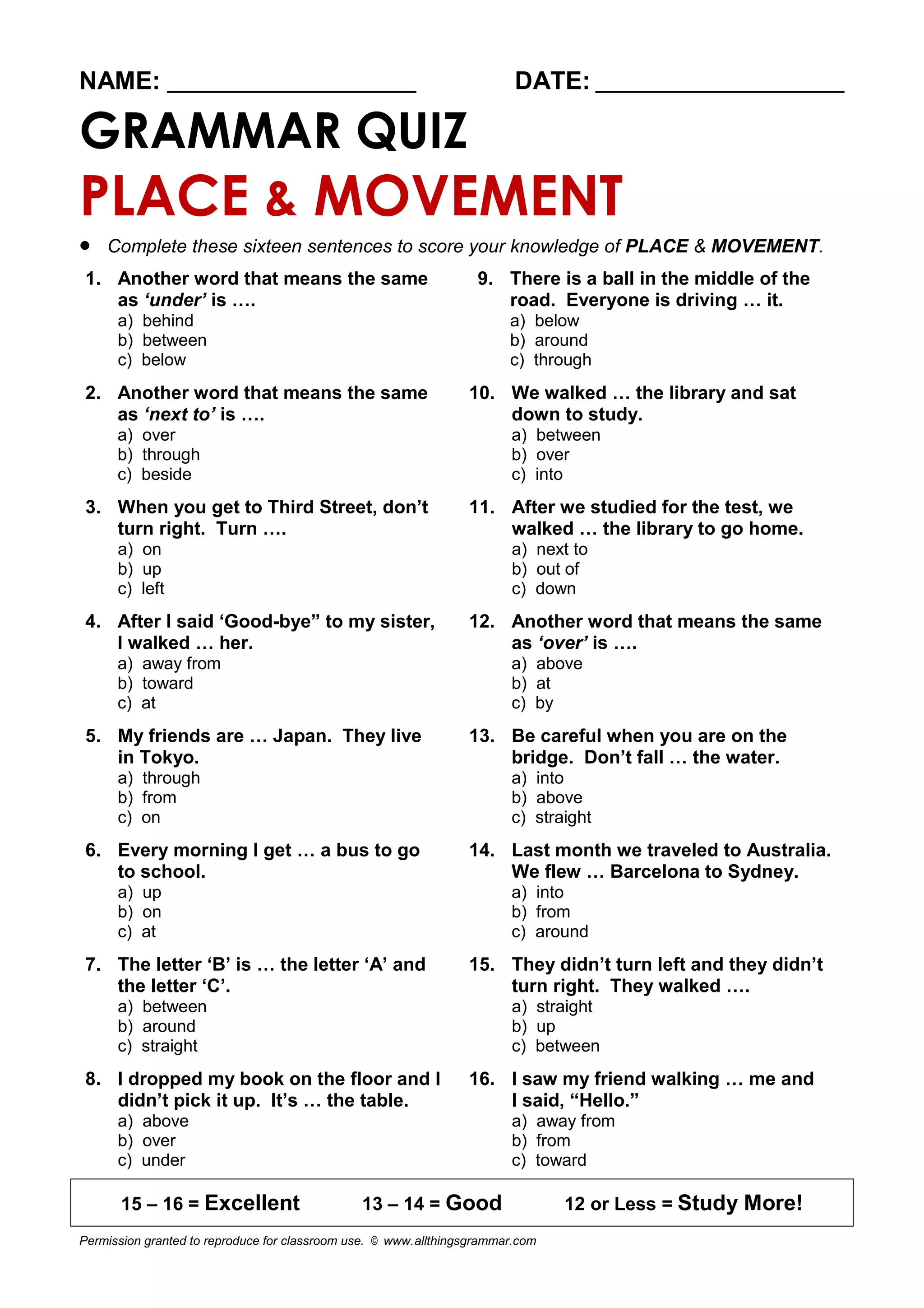 Preposition of place and movement quiz-prepplacemove | PDF | Education