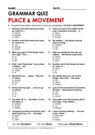 Preposition of place and movement quiz-prepplacemove | PDF