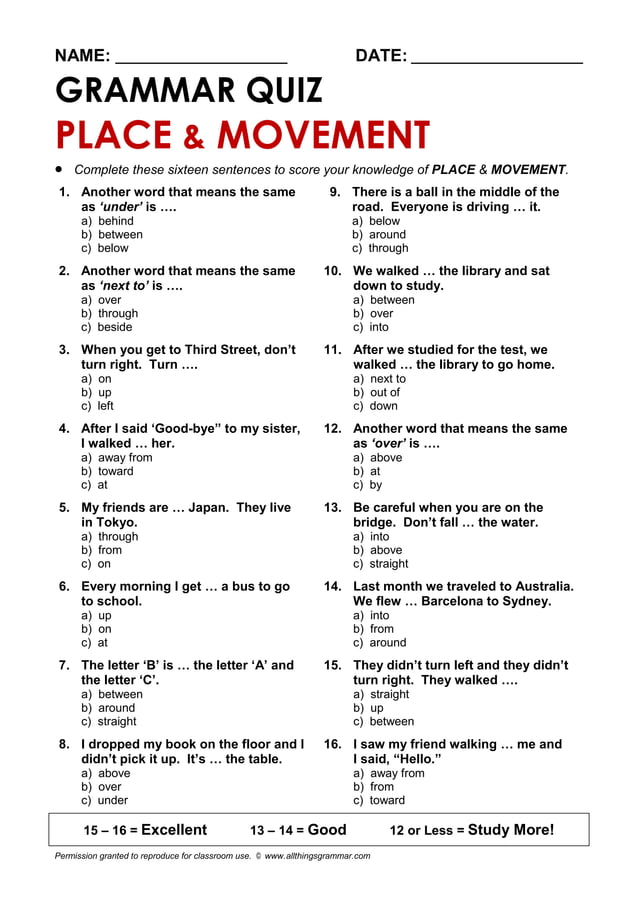 Preposition of place and movement quiz-prepplacemove | PDF | Education