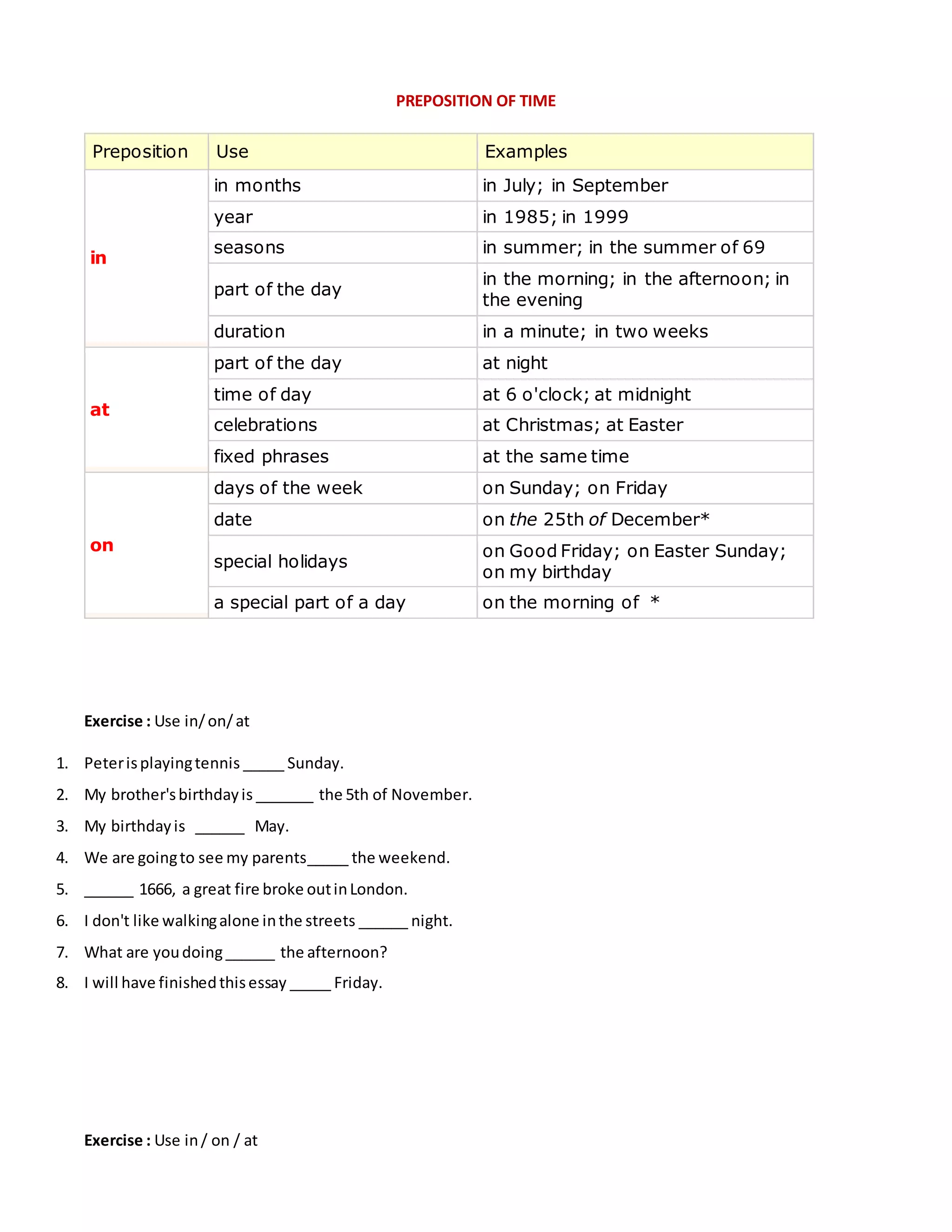 Preposition of time | DOCX
