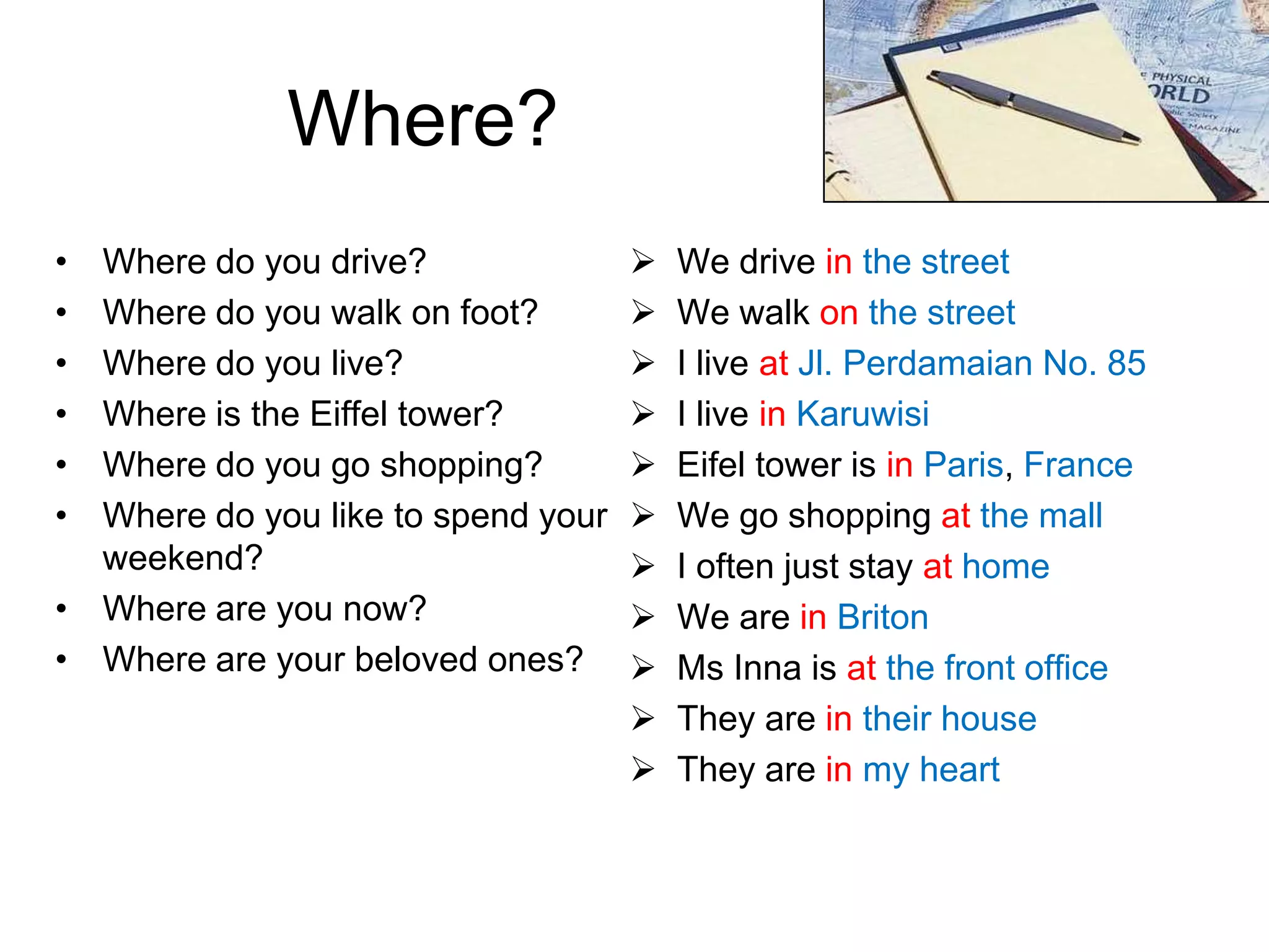 Preposition place;telling positions and directions;around town | PPTX