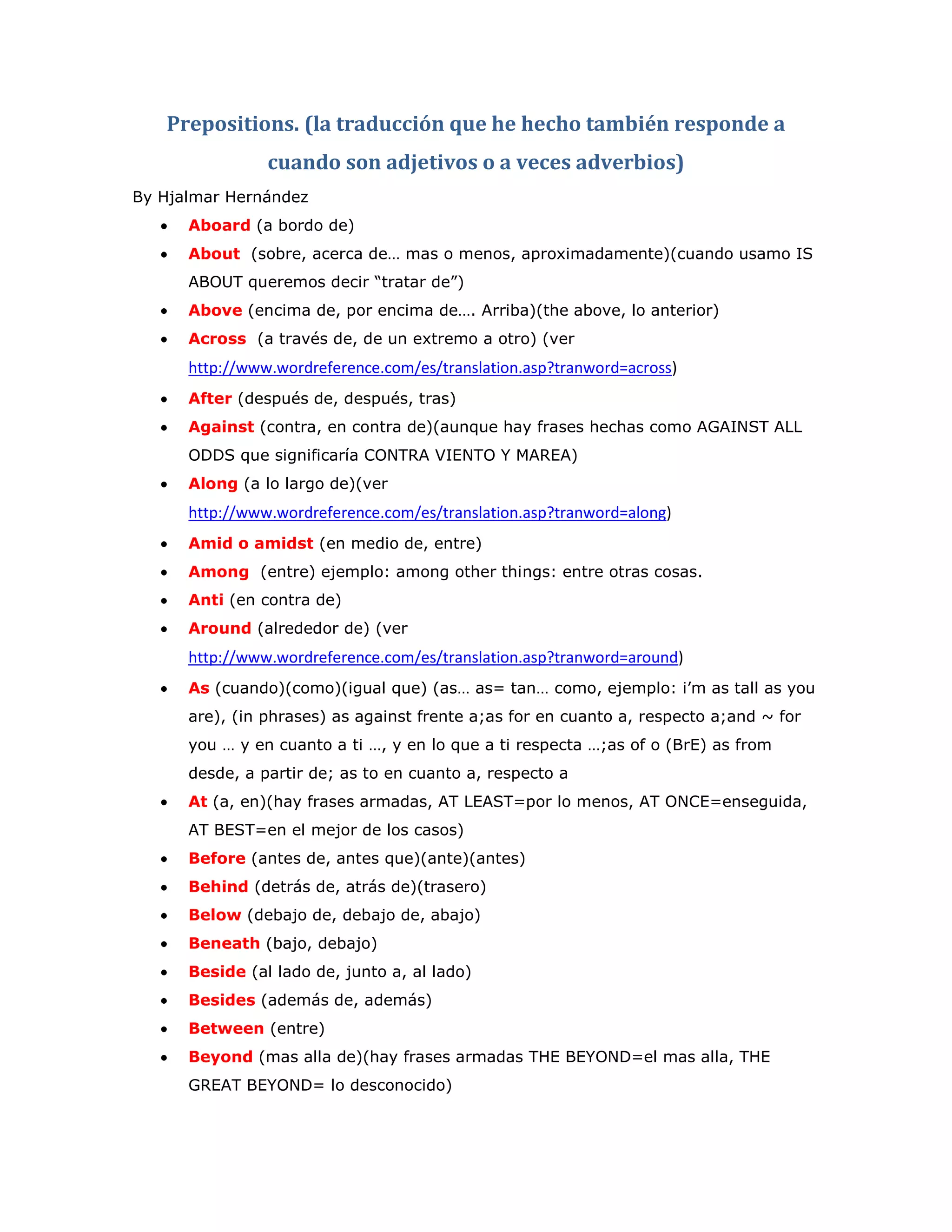 Prepositions translated into spanish | DOCX