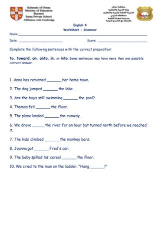 Prepositions Worksheets Grade 2