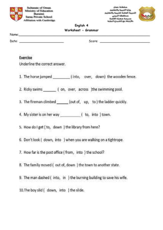 Prepositions Worksheets For Grade 4
