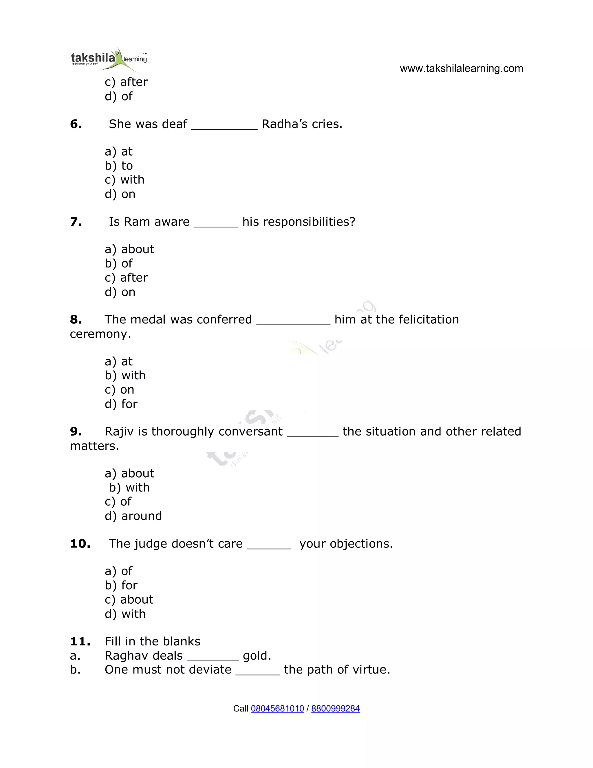 Prepositions class 10 English Grammar Worksheet | PDF