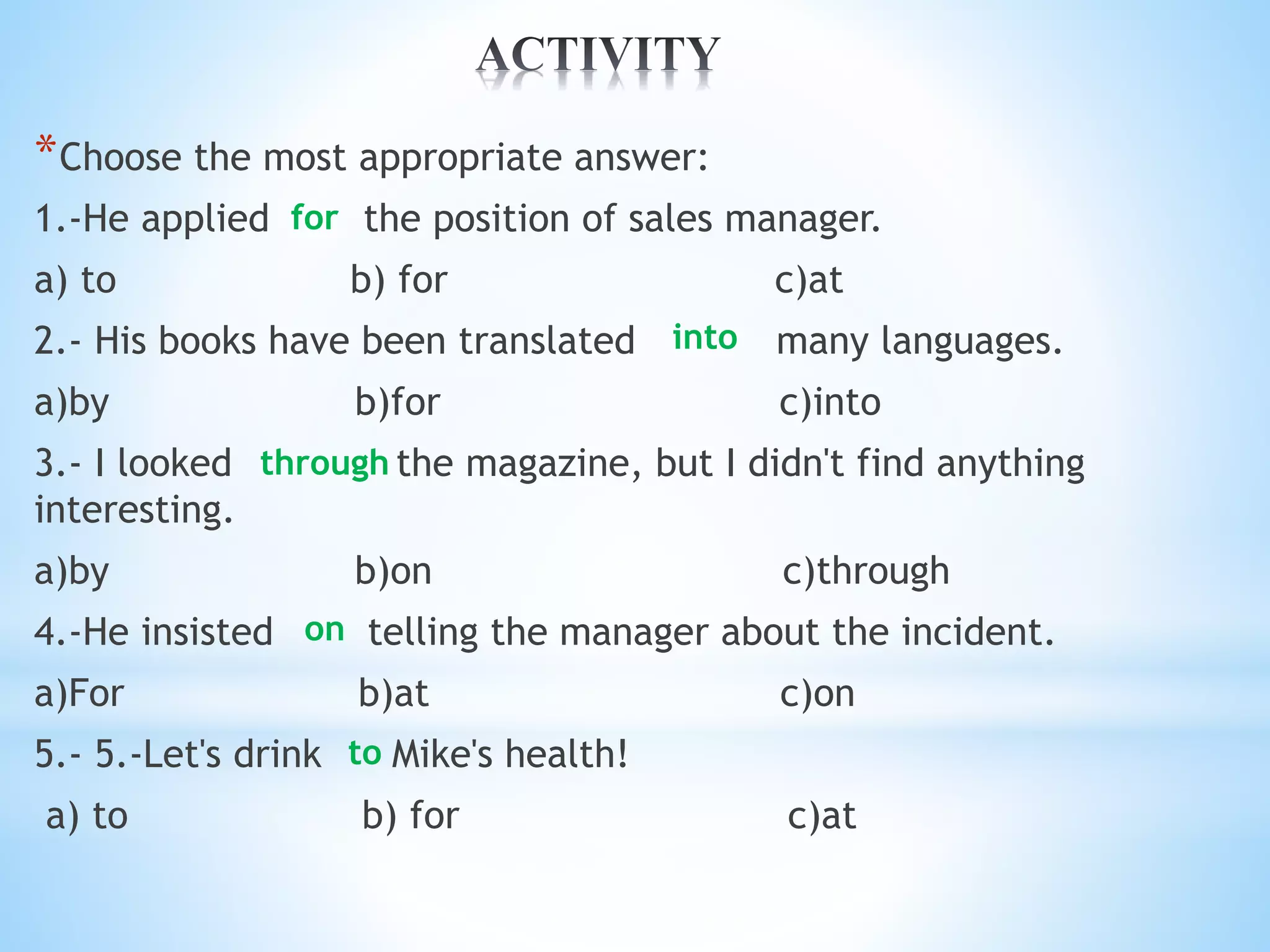 Prepositions after verbs | PPT