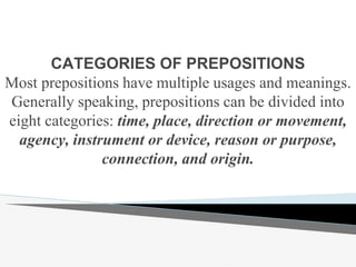Prepositions and usage in English Language | PPTX