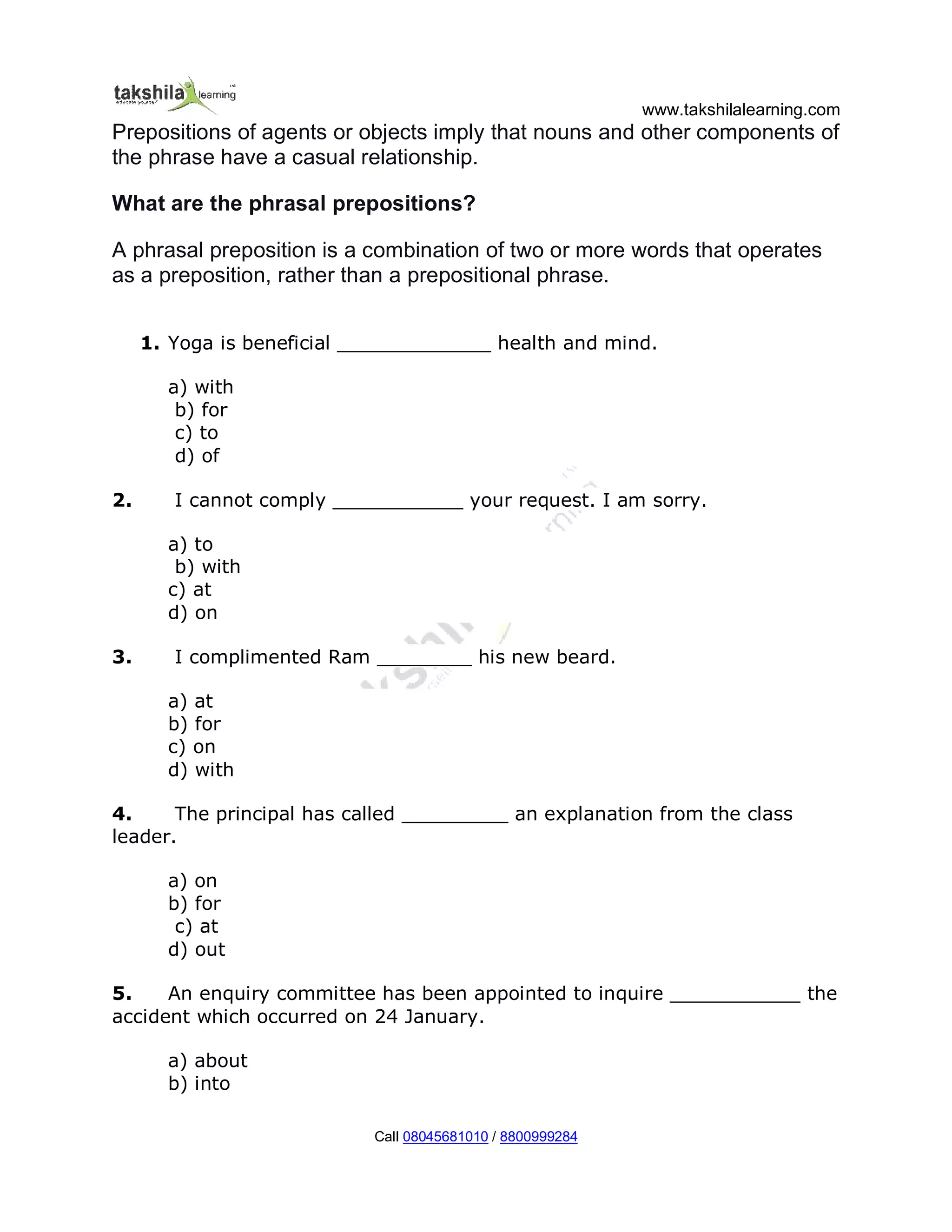 Prepositions Exercises for Class 10 | PDF