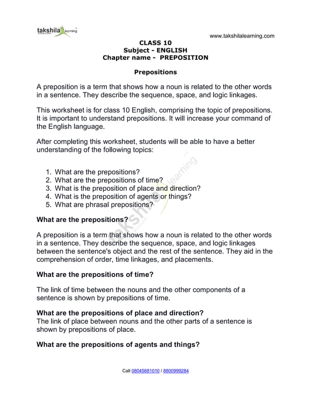 Prepositions Exercises for Class 10 | PDF | Resume Writing and Advice ...