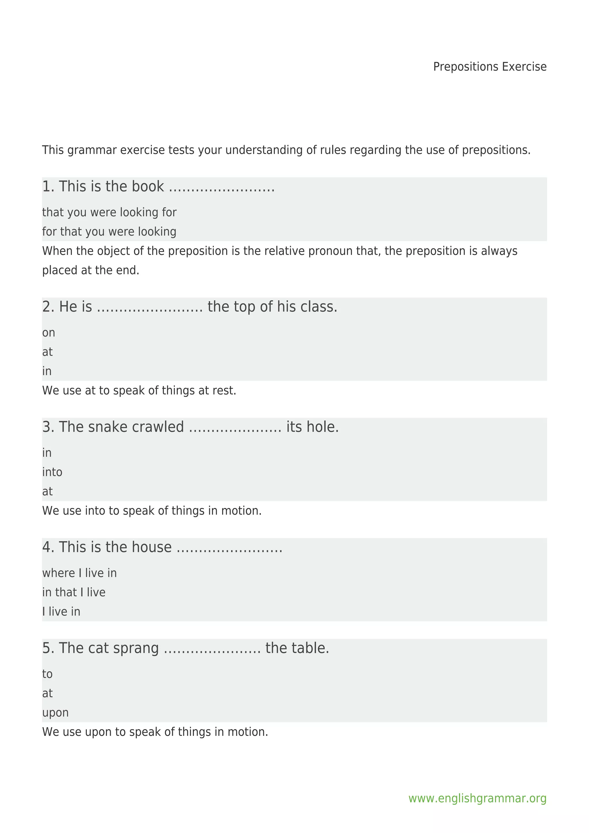 Prepositions exercise | PDF