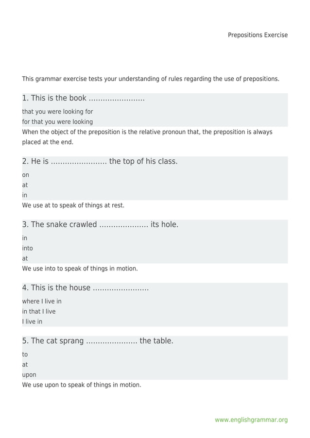 Prepositions exercise | PDF