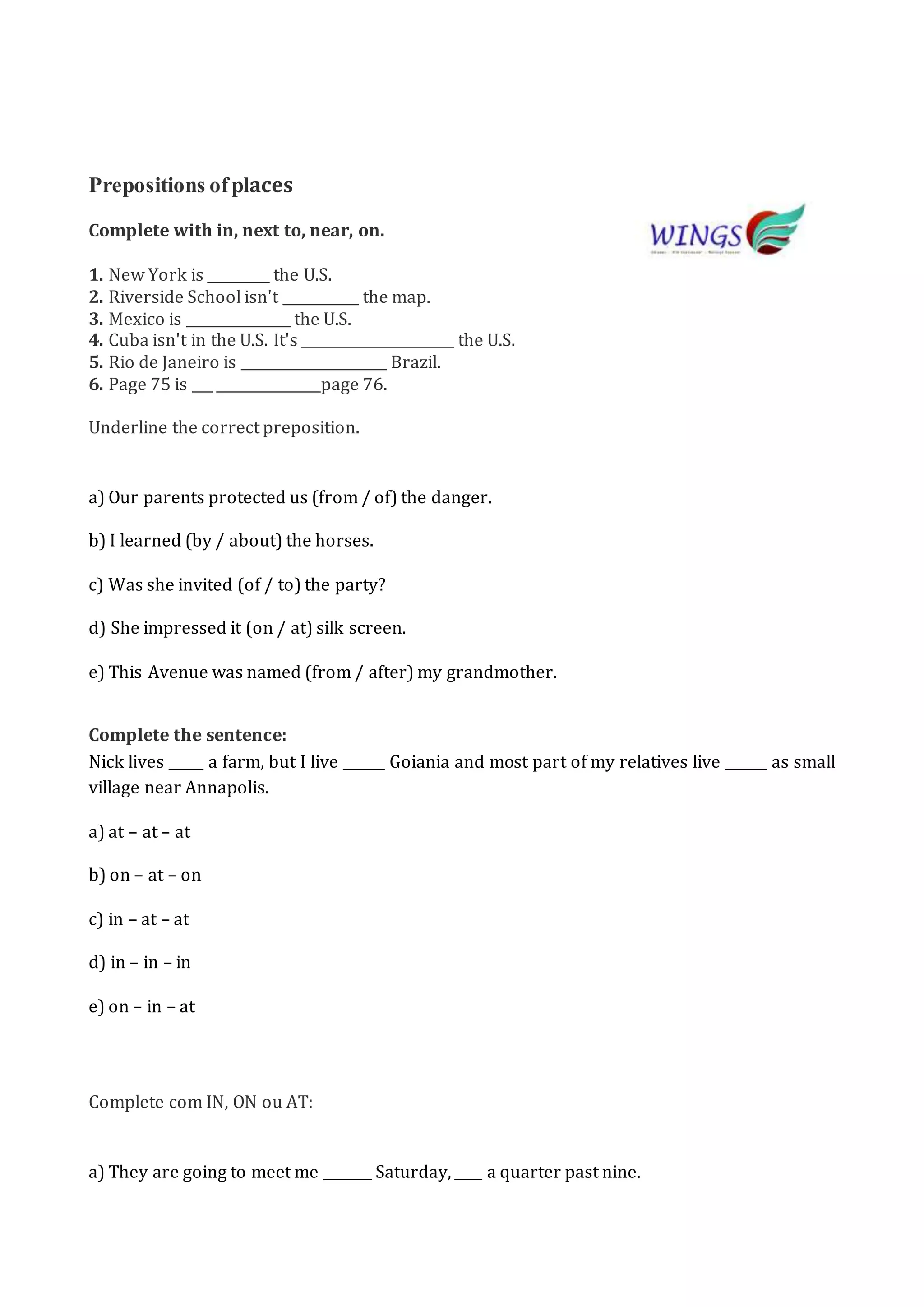 Prepositions of places | DOCX