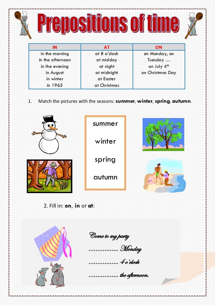 Prepositions of time worksheets for kids