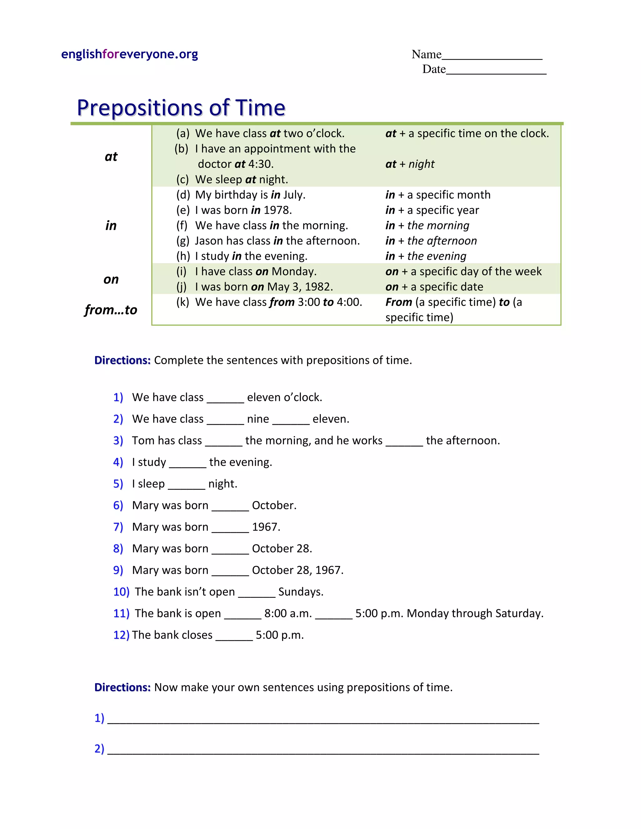 Prepositions of time | PDF