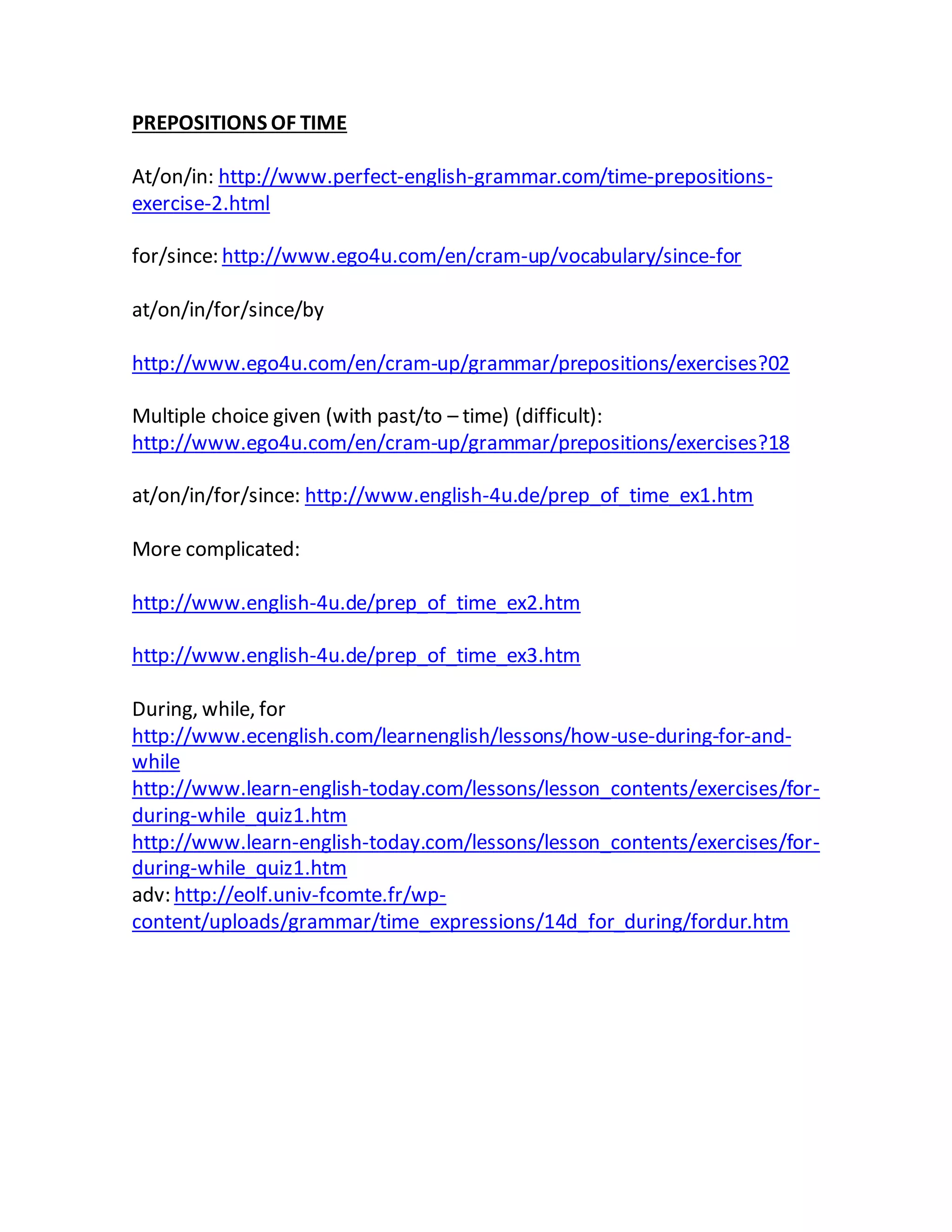 Prepositions: Time - Exercises | DOCX