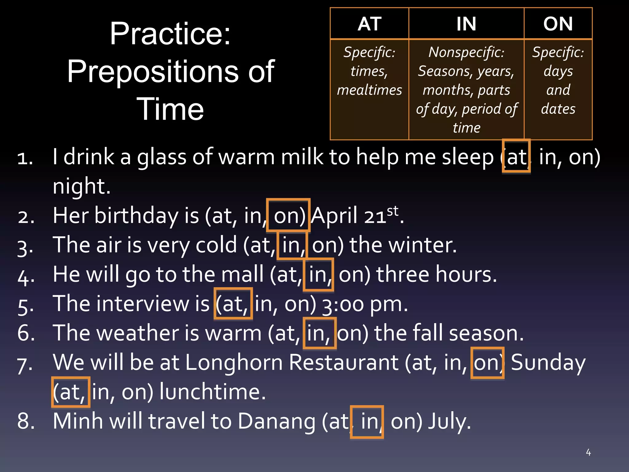English Grammar: Prepositions of Time and Place | PPSX