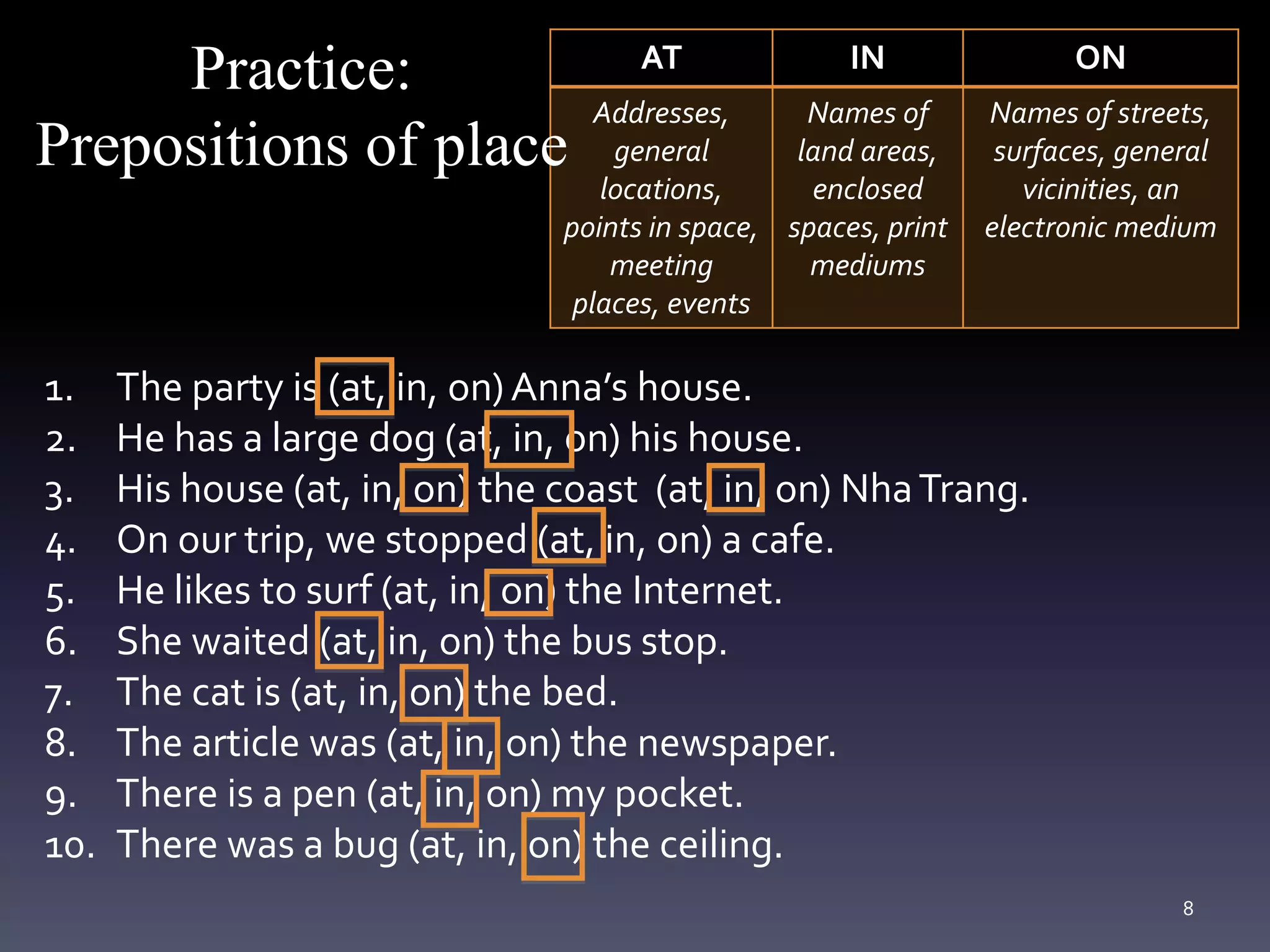 English Grammar: Prepositions of Time and Place | PPSX