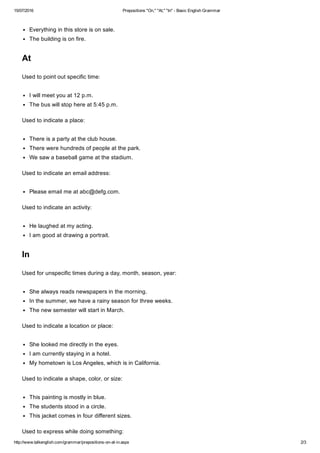 Prepositions On, At and In | PDF
