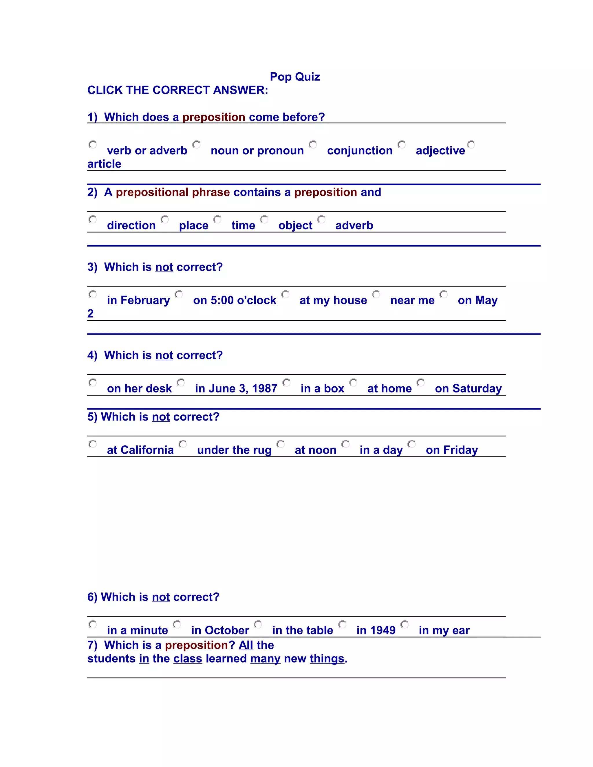Prepositions pop quiz | DOC