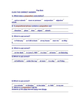 Prepositions pop quiz | DOC