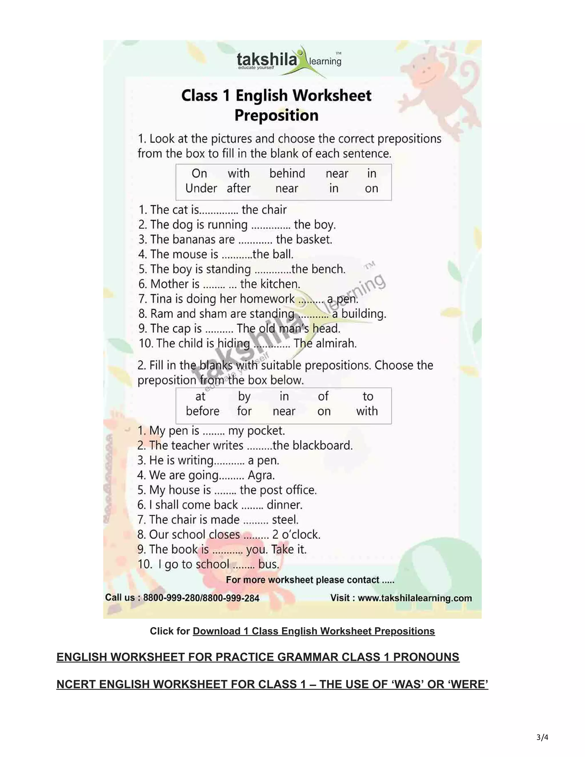 Preposition worksheet for class 1 english worksheet for practice | PDF