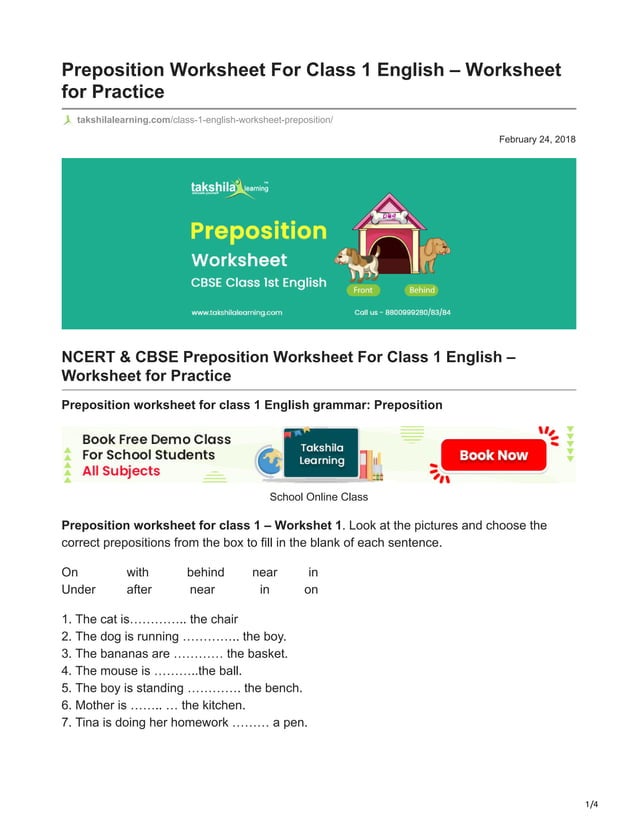 Preposition worksheet for class 1 english worksheet for practice | PDF ...