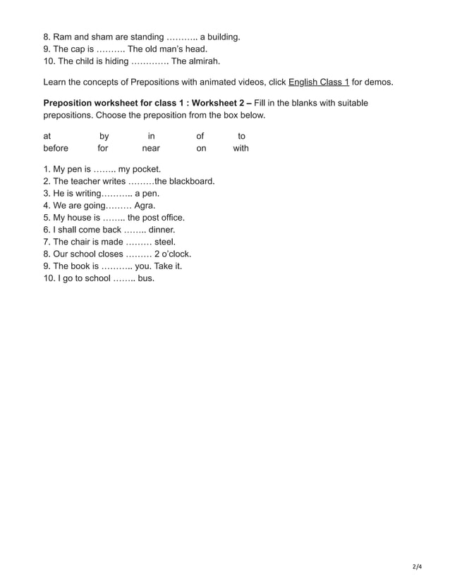 Preposition worksheet for class 1 english worksheet for practice | PDF ...