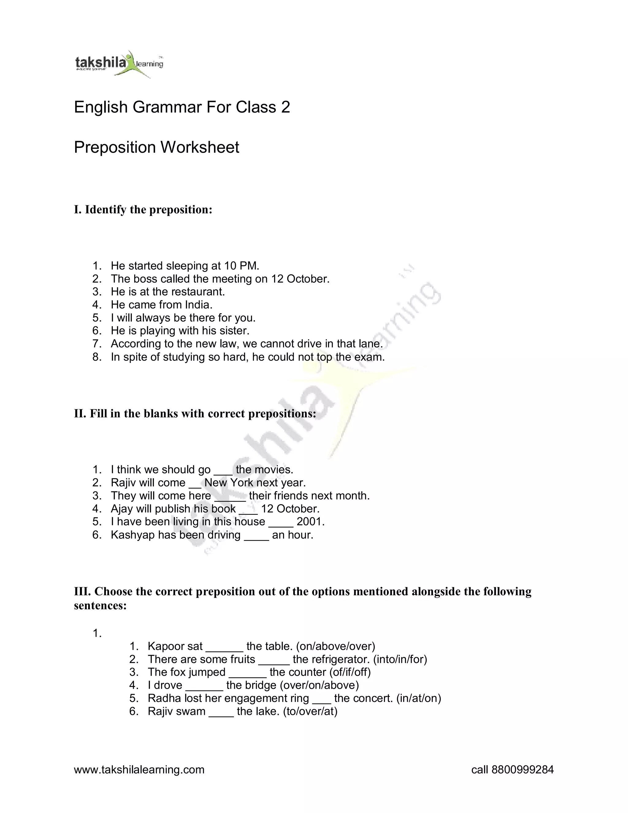 Preposition worksheet for class 2 | PDF