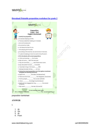 Preposition worksheet for class 2 | PDF