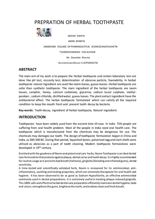 Prepration of herbal toothpaste | DOCX | Herbs and Supplements | Alternative Medicine