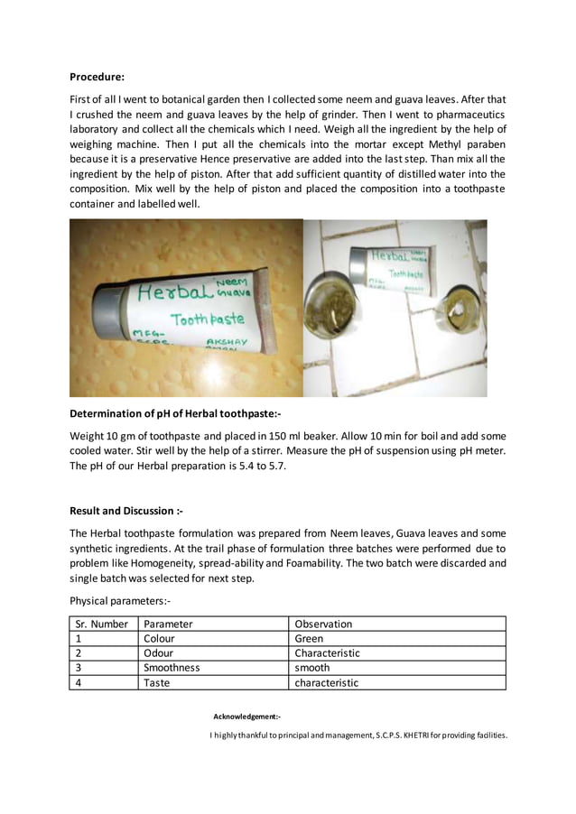 Prepration of herbal toothpaste | DOCX | Herbs and Supplements | Alternative Medicine