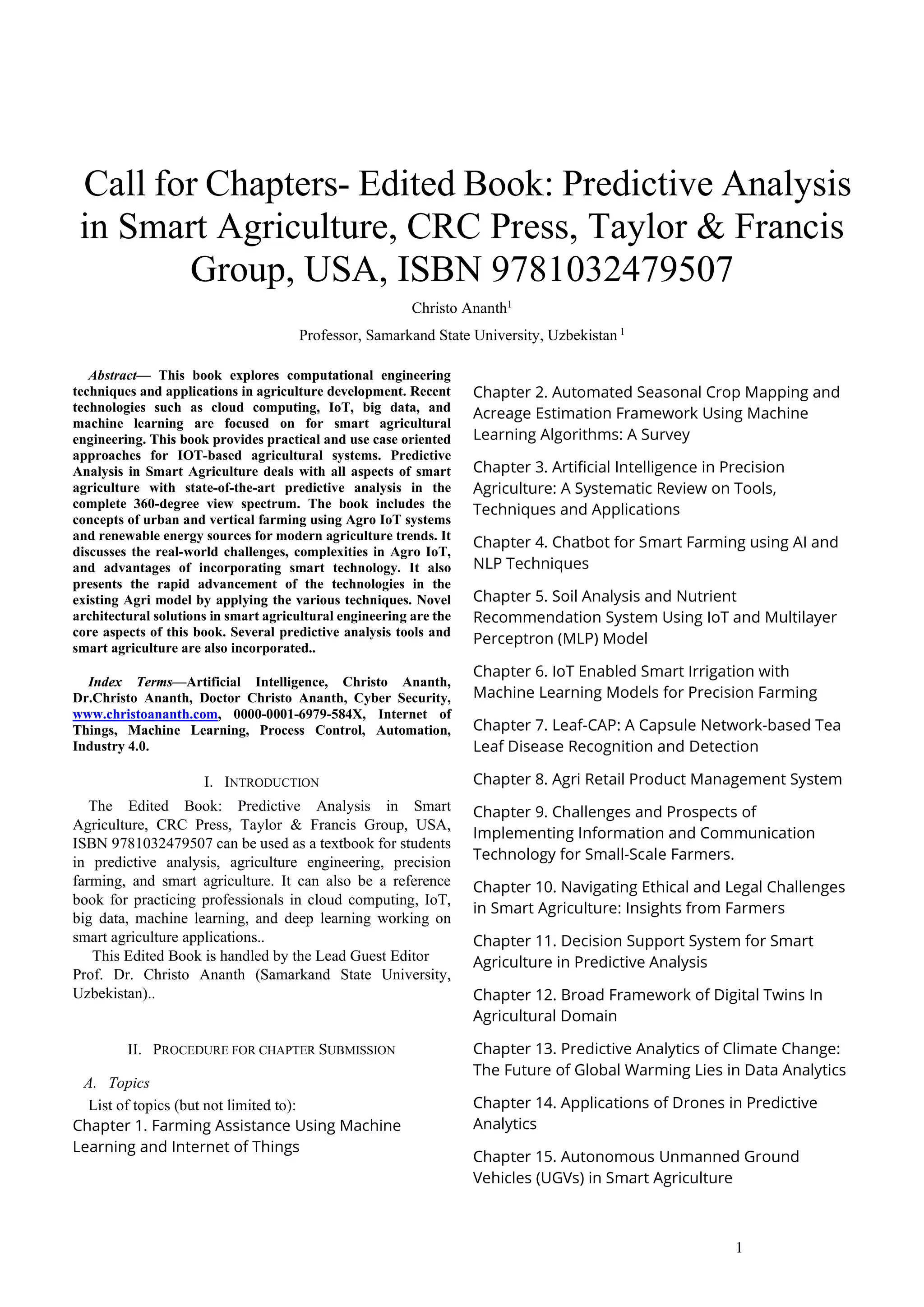 Call for Chapters- Edited Book: Predictive Analysis in Smart Agriculture, CRC Press, Taylor ...