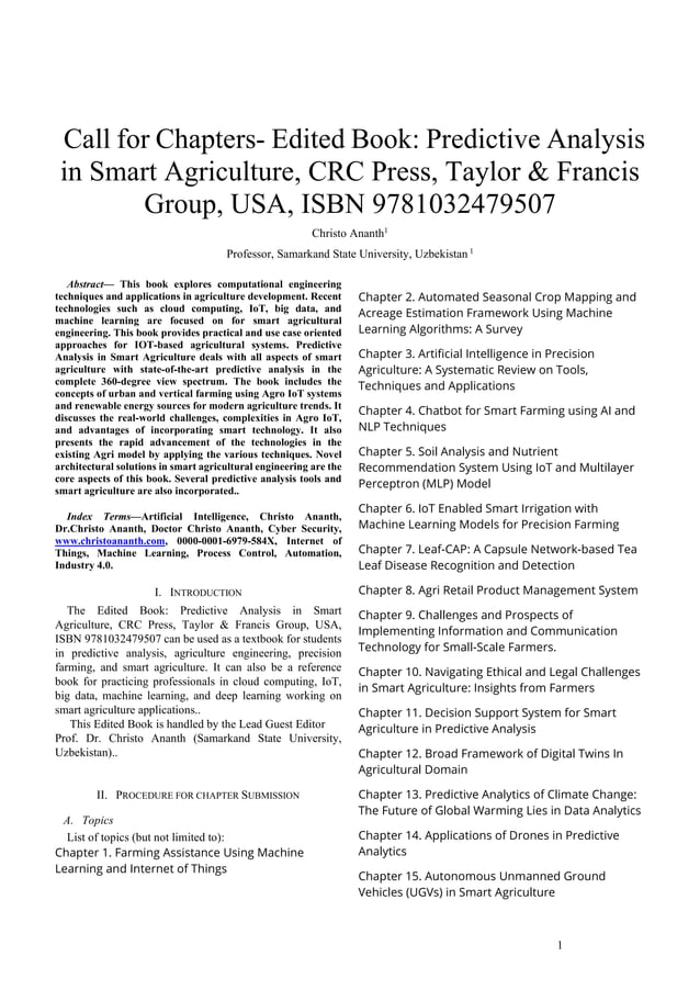 Call for Chapters- Edited Book: Predictive Analysis in Smart ...
