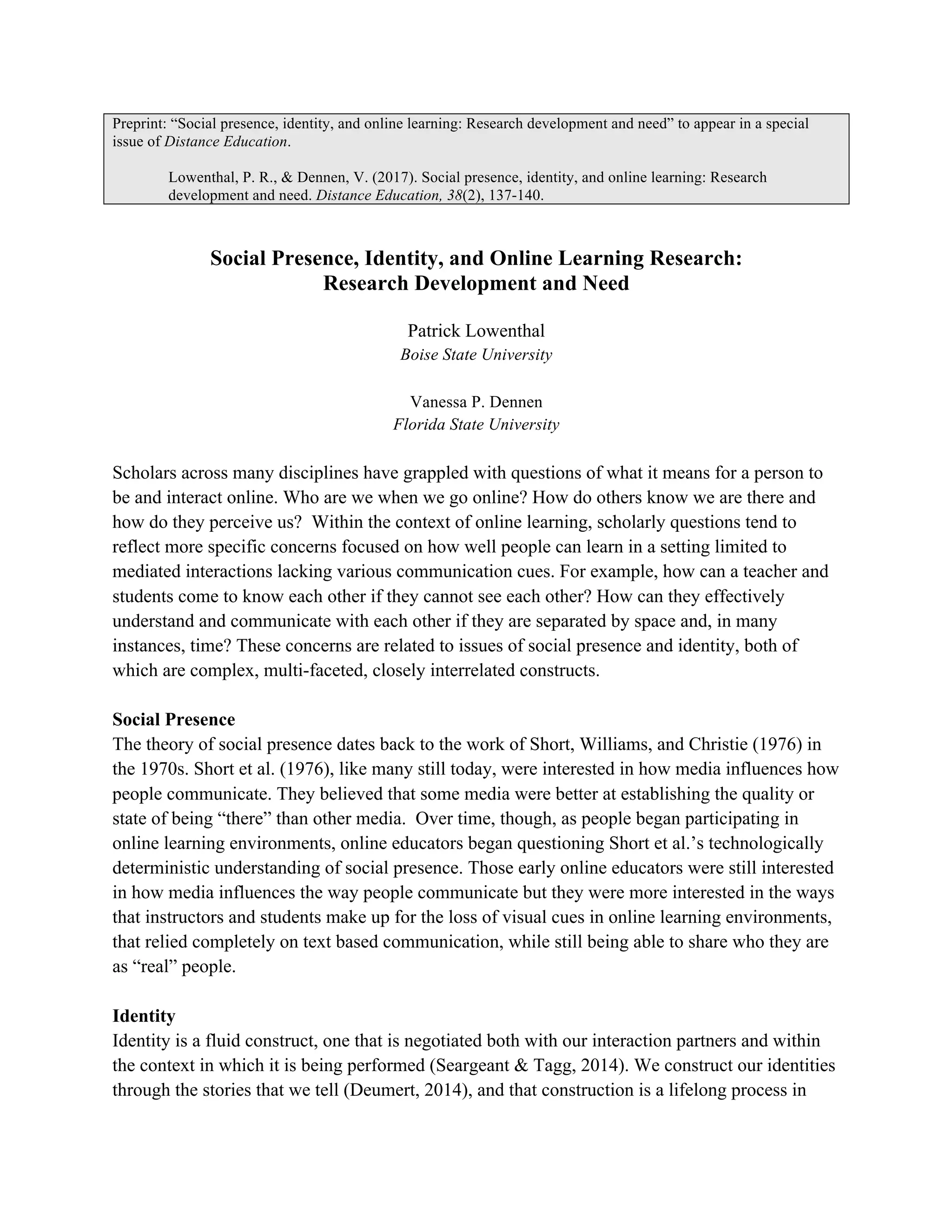 Social Presence, Identity and Online Learning | PDF