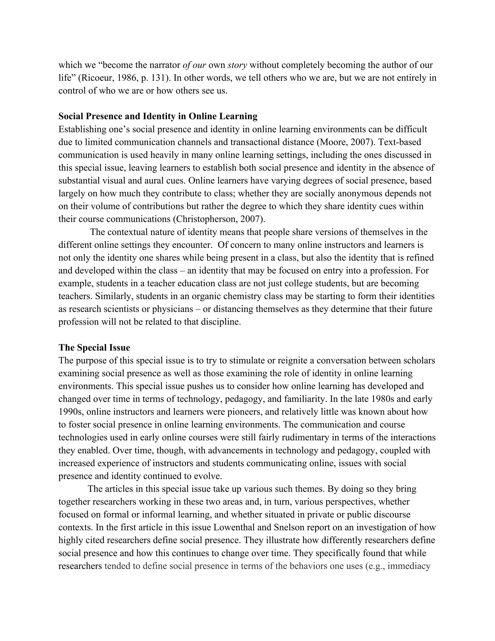 Social Presence, Identity and Online Learning | PDF