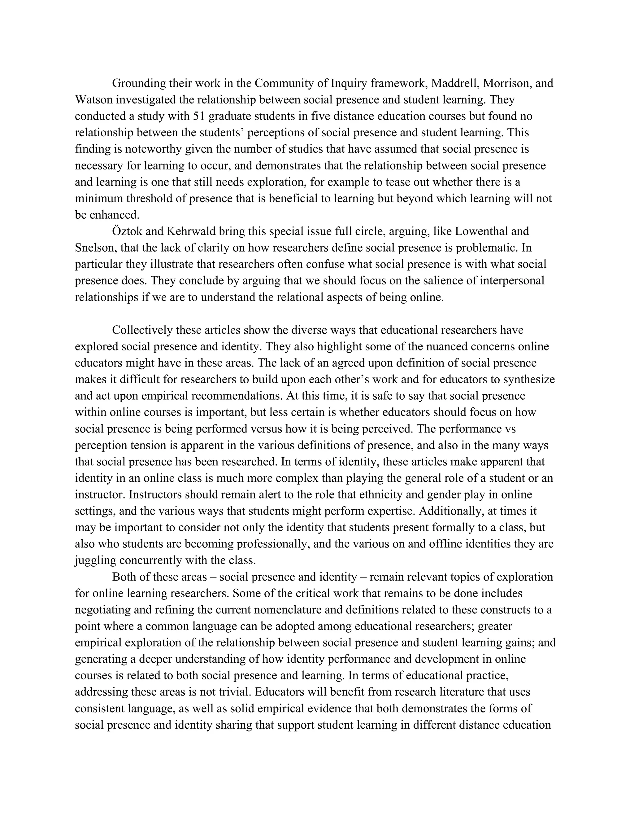 Social Presence, Identity and Online Learning | PDF