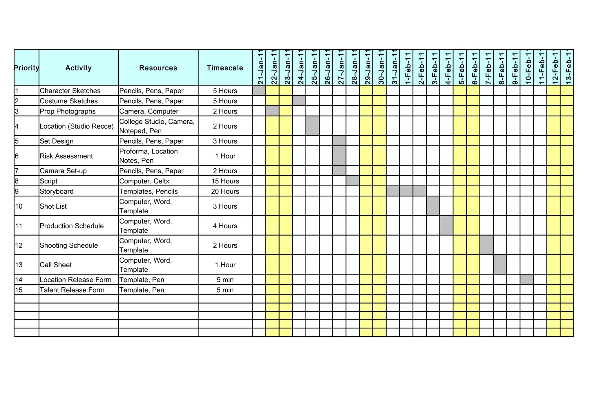 Pre production schedule | XLS