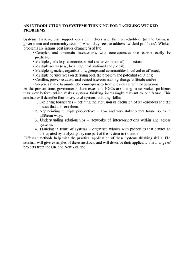 AN INTRODUCTION TO SYSTEMS THINKING FOR TACKLING WICKED PROBLEMS | PDF