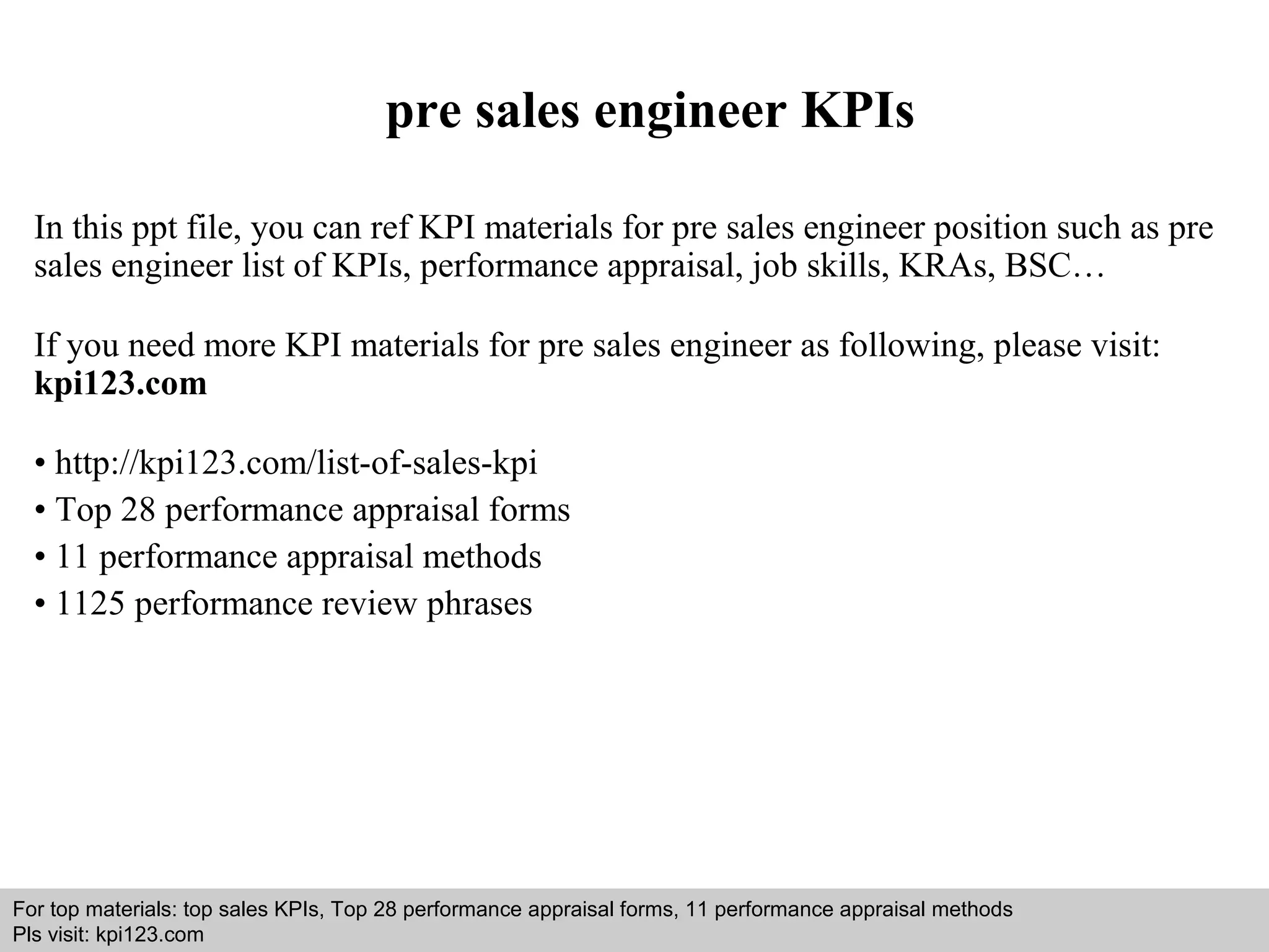 Pre sales engineer kpis | PPT